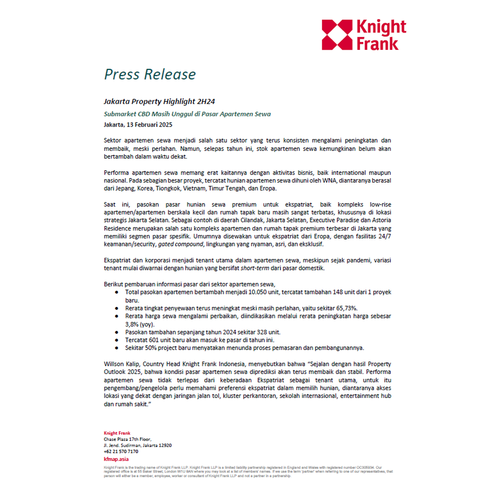 Rilis Pers Jakarta Property Highlight 2H 2024 - Rental Apartment | KF ...