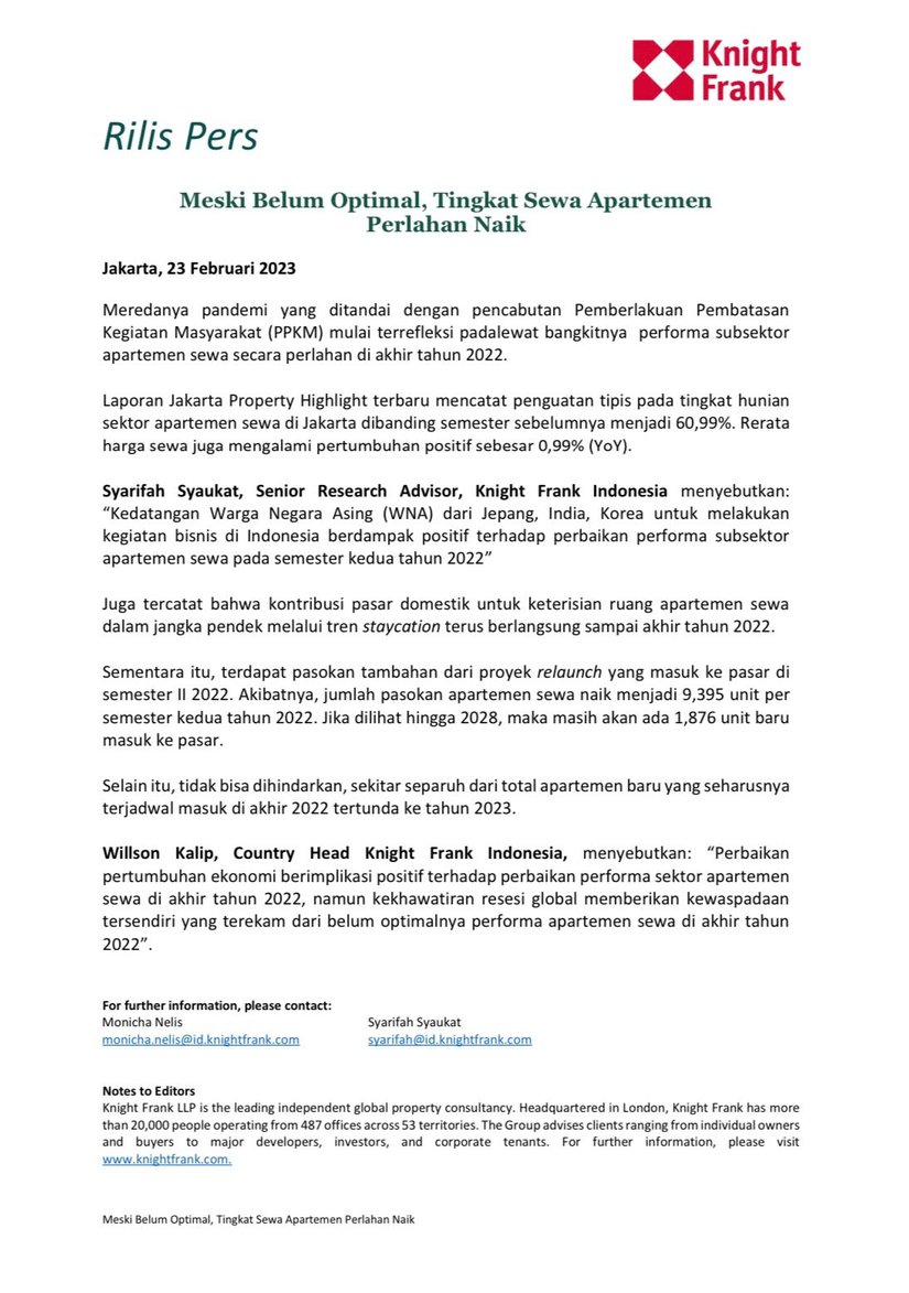 Rilis Pers - Meski Belum Optimal, Tingkat Sewa Apartemen Perlahan Naik ...