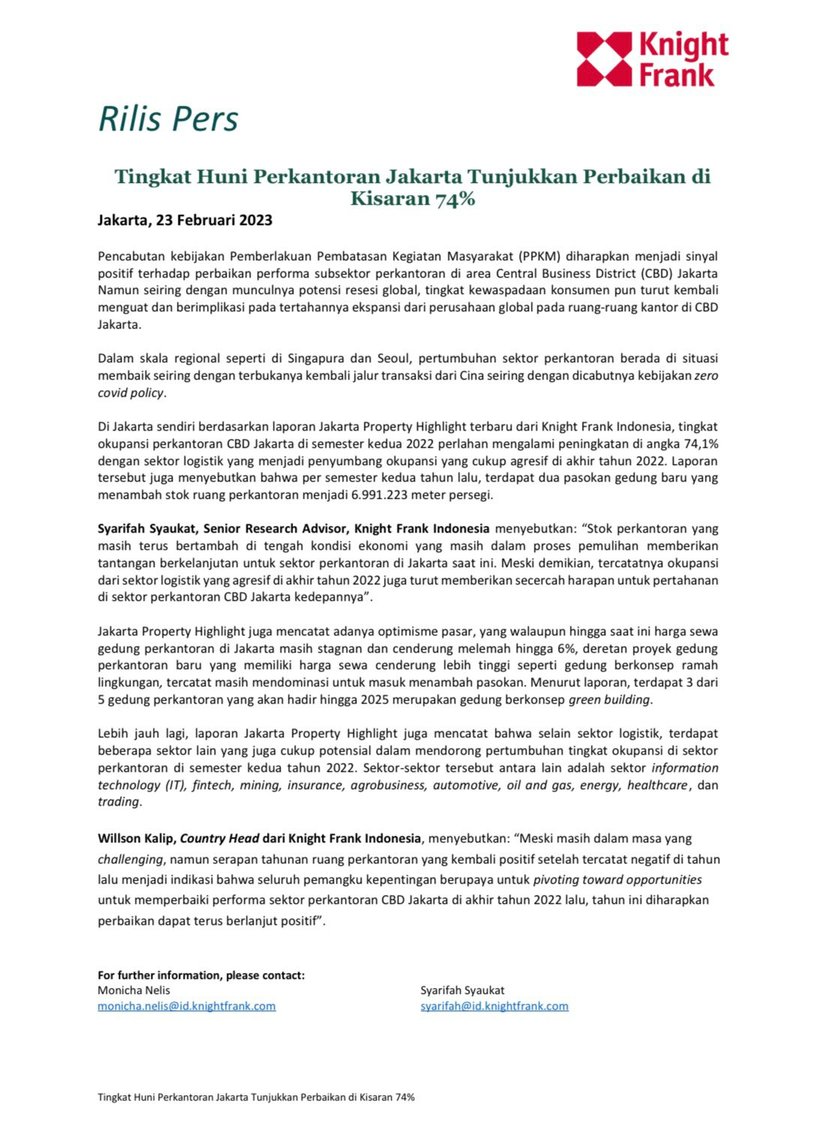 Rilis Pers - Tingkat Huni Perkantoran Jakarta Tunjukkan Perbaikan di ...