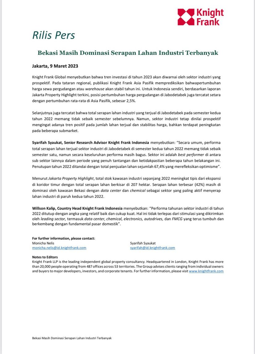 Rilis Pers - Bekasi Masih Dominasi Serapan Lahan Industri Terbanyak ...